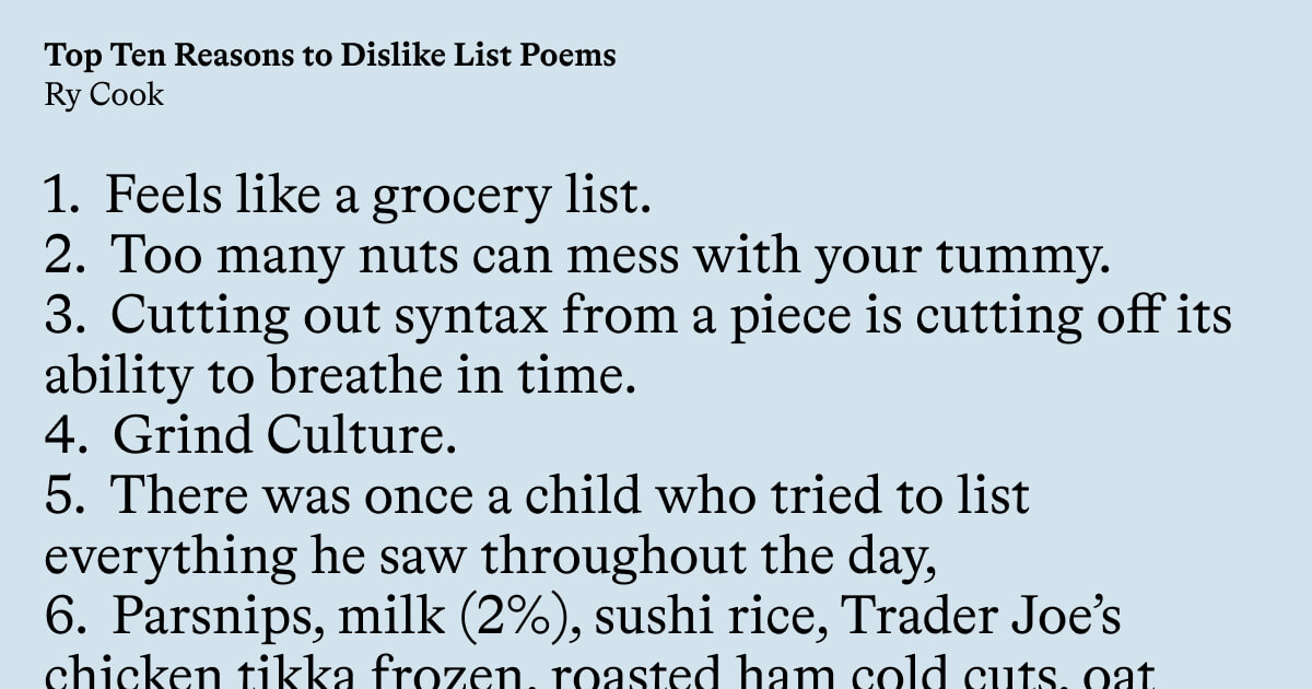 Top Ten Reasons to Dislike List Poems | Ry Cook